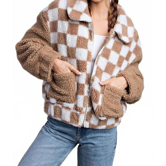 BiBi | Jackets & Coats | New Bibi Calli Checkered Jacket In Brownwhite ...